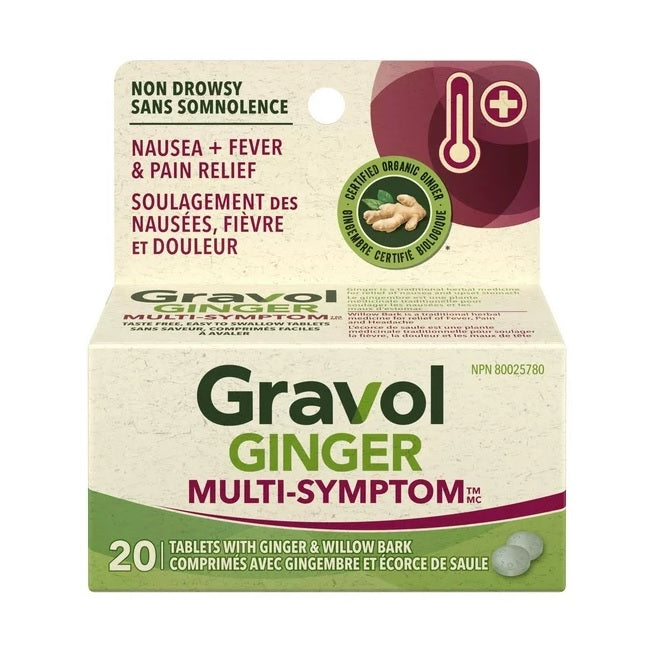 Gravol Ginger Nausea Fever & Pain Relief Multi-Symptom Non Drowsy 20 ...