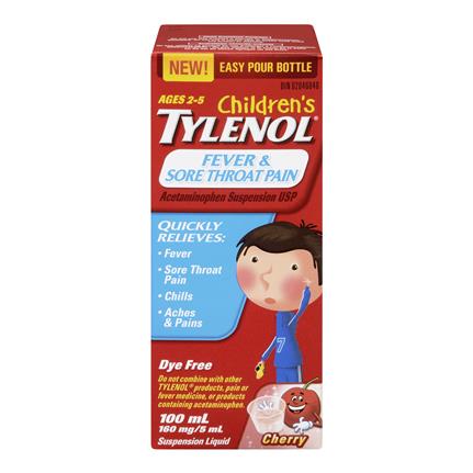Tylenol Children Fever & Sore Throat Pain Dye Free 160mg/5mL Cherry 100mL