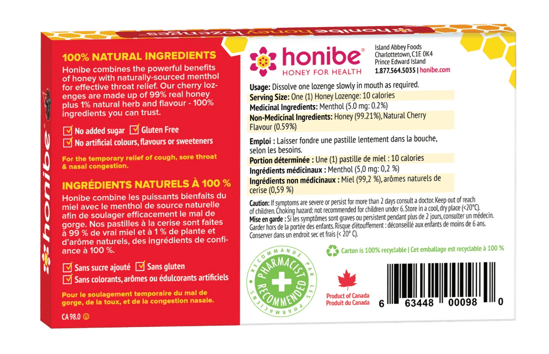 Honibe Honey Lozenges Soothes Cough, Sore Throat & Congestion - Cherry
